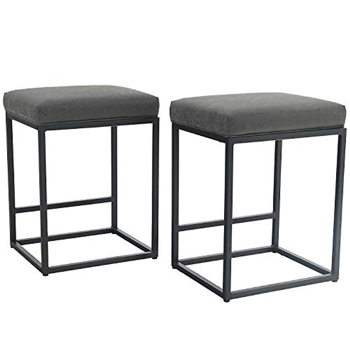 ALPHA HOME 24" Bar Stool Counter Height Bar Stools with Footrest Pu Leather Backless Kitchen Dining Cafe Chair with Thick Cushion & Sturdy Chromed Metal Steel Frame Base for Indoor Outdoor,Grey,2PC