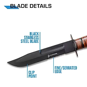 MTech USA – Fixed Blade Knife – Black, Partially Serrated Blade, Leather Wrapped Handle, Includes Leather Sheath with U.S. Marines Logo, Hunting, Camping, Survival, Tactical, EDC - MT-122MR