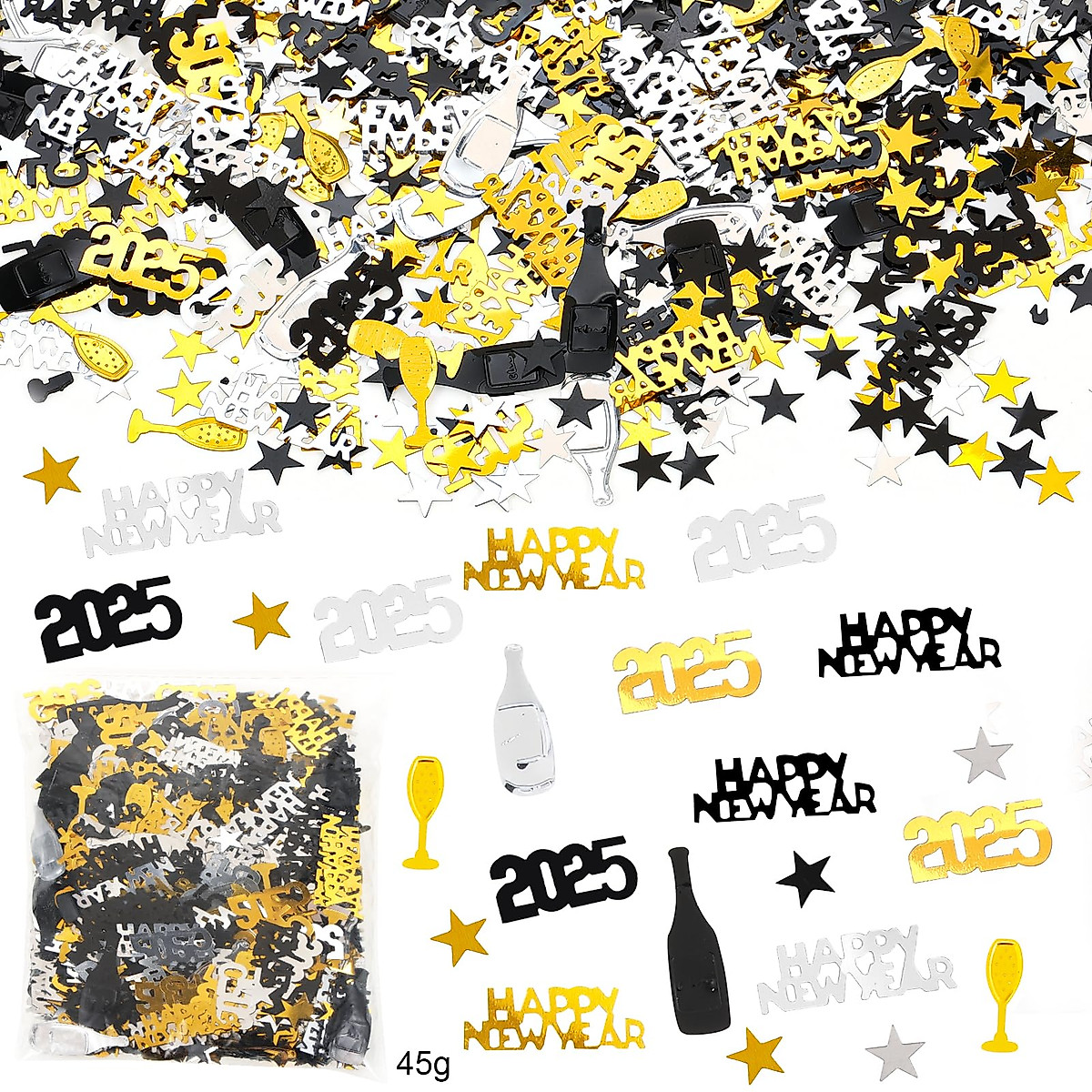 2025 New Year Party Decoration Supplies, New Years Confetti Decoration- Black, Gold, Silver Wine Bottle Glitter Sequins Star Foil Confetti for Happy New Year Eve Decorations Table Scatters