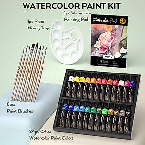 Nicpro 60 PCS Art Paint Set for Kids & Adult, Washable Watercolor Sip Painting Supplies Kit for Beginner with 24 Tube Water Color Paint, 8 Brushes,12 Canvas, Smock, 25 Papers Easel Sponge Palette Bag