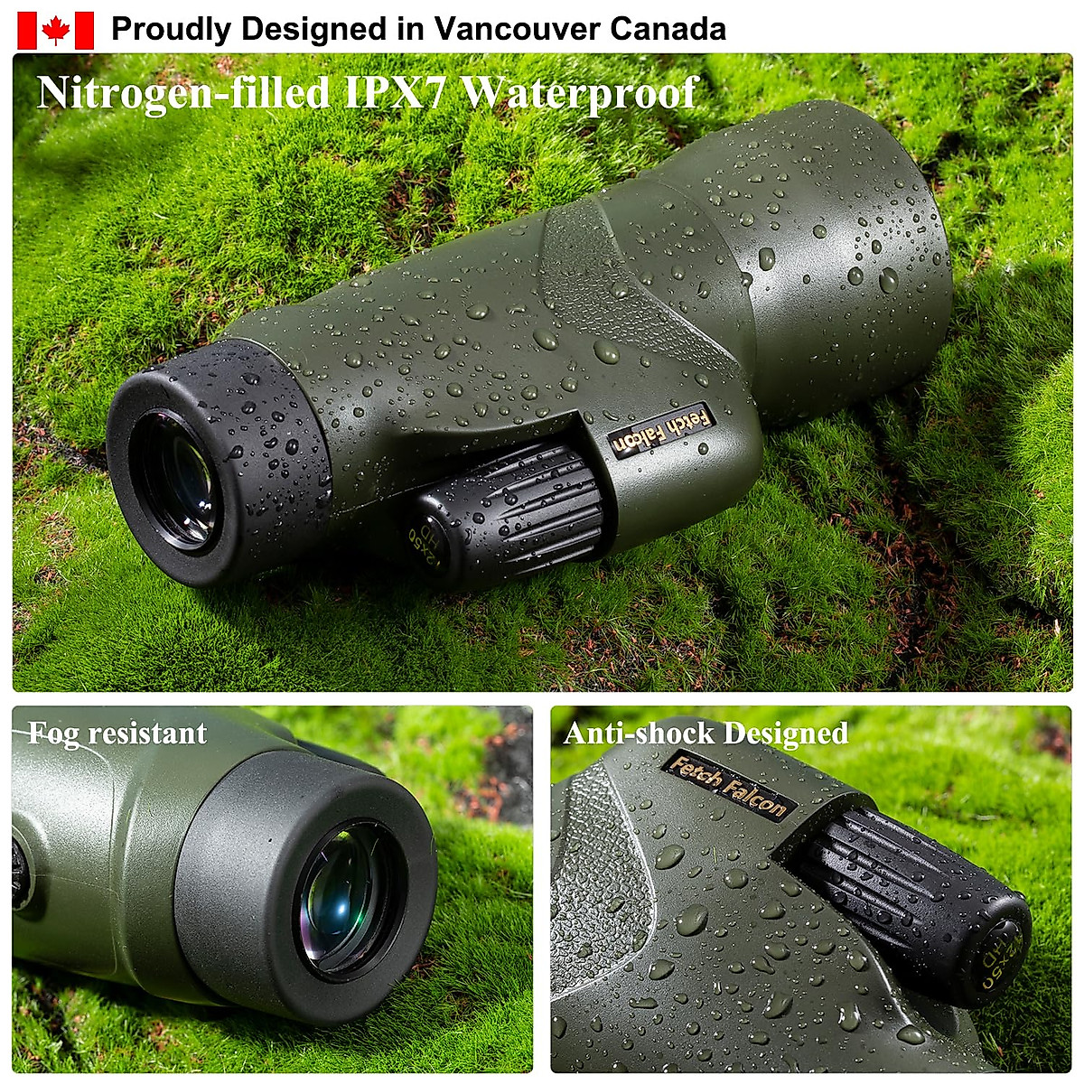 Fetch Falcon12x50 IPX7 Nitrogen Filled BAK4 FMC HD Monoculars(Eyepiece 25.5cm Waterproof Under 1 M Water 30 Minutes Never Leaks) with Phone Holder, Tripod, Hand Strap (HD IPX7 Green)