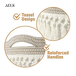 AELS XXXLarge 22"x22"x15" Rope Boho Basket Woven Baby Laundry Basket for Blankets Toys Storage Basket with Handle Comforter Cushions Storage Bins Thread Laundry Hamper-Brown White Gray 93 Liters