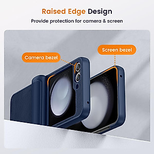 NULETO Blue Leather Galaxy Z Flip5 Case with Hinge Protection, Built-in Screen Protector