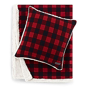 Eddie Bauer,Polyester Throw Blanket with Pillow Reversible Flannel/Sherpa Bedding Set, Buffalo Plaid Home Decor for All Seasons, 1 Count (Pack of 1), Red/Black Check