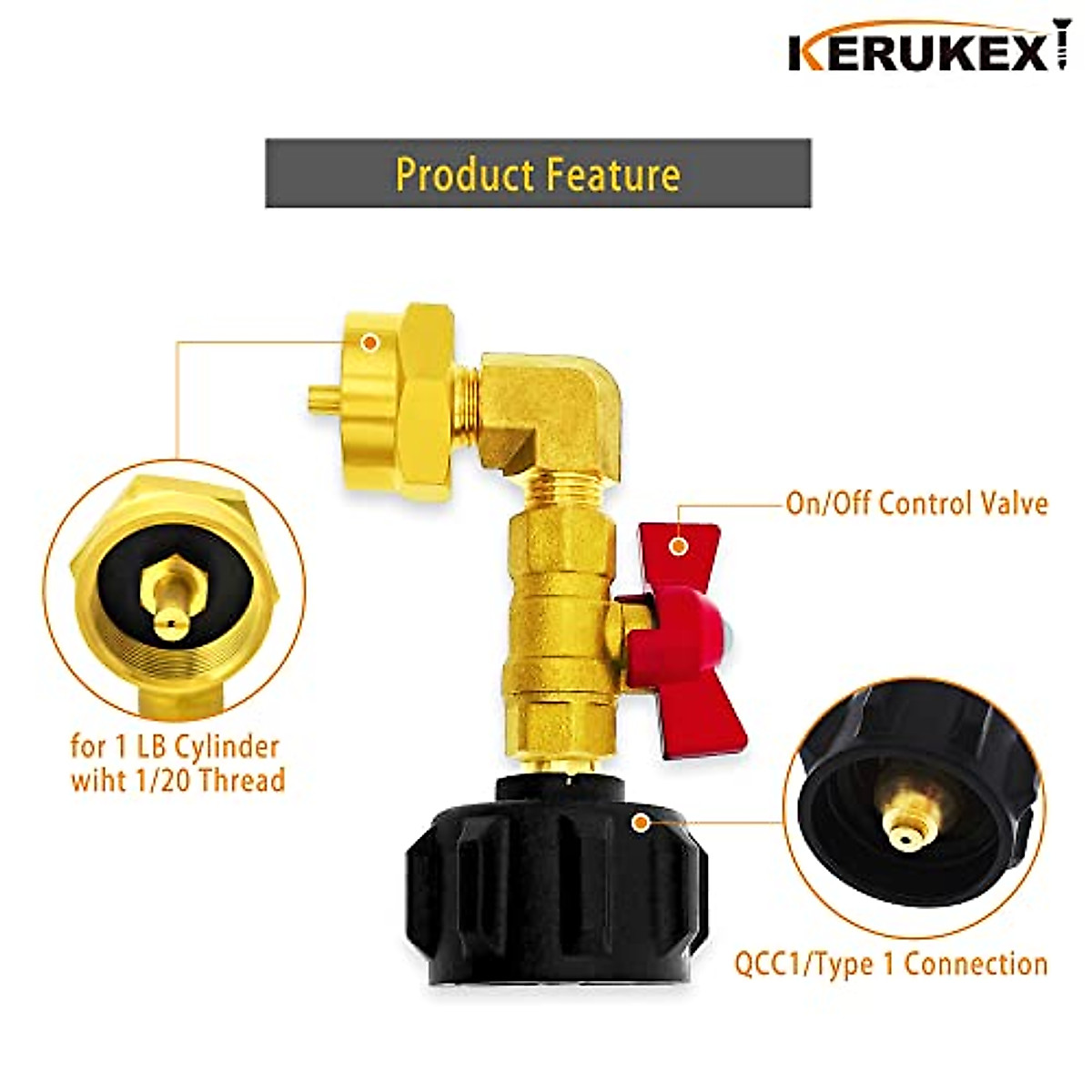 KERUKEXI Propane Refill Elbow Adapter with On/Off Control Valve 90 Degrees Fitting Adapter Coupler From QCC1 Type1 Connection to 1 LB Tank Cylinder for RV Camper BBQ Gas Grill