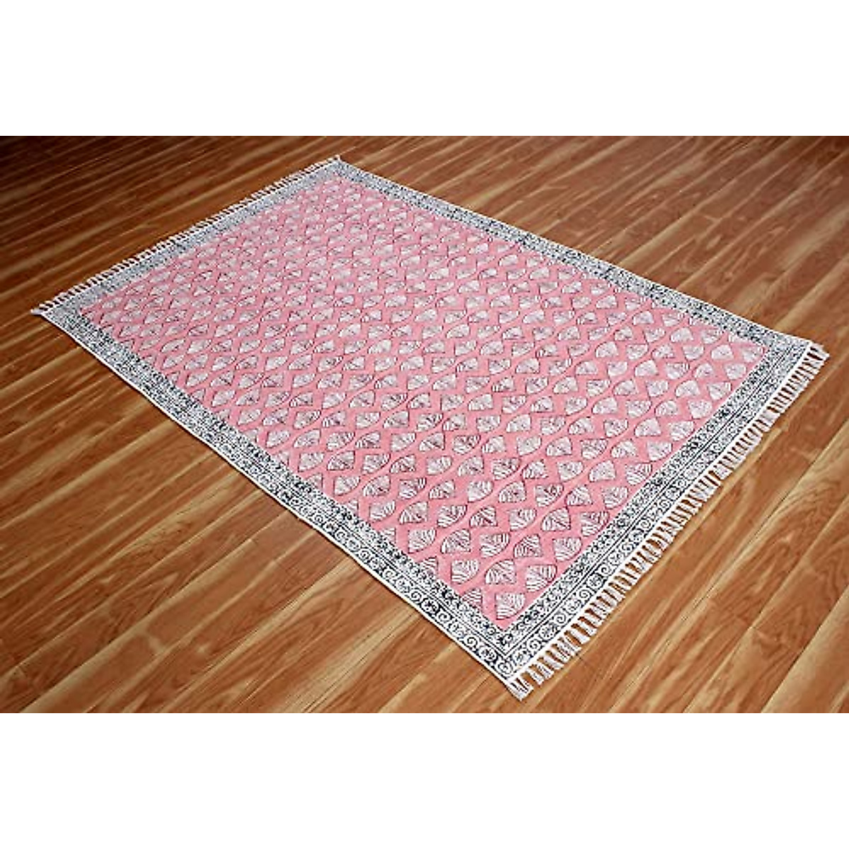 Casavani Indian Handmade Cotton Dhurrie Bordered Pink & Beige Area Rug Boho Kilim Flat Weave Rug Indoor Hall Room Decor Carpet Throw Rugs for Bedroom Living Room Bathroom Balcony 3x10 Feet Runner