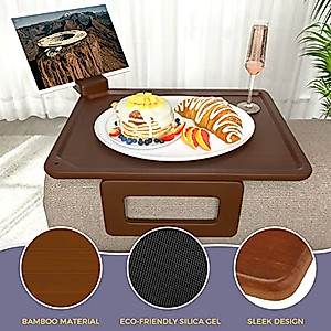 Bamboo Sofa Arm Tray Table Clip for Couches Arm, Multi-Function Foldable Side Table Couch Arm Tray with 360° Rotating Phone Holder, Suitable for Home Drinks/Remote/Snacks/Fast Food Et (Brown)