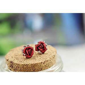 Rose Gold Plated Simple Red Rose Stud Earrings Fashion Jewelry for Women