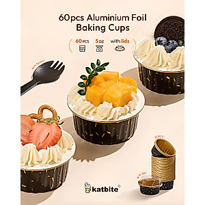 Disposable Ramekins with Lids - Katbite 60 Pack 5oz Aluminum Foil Cupcake Baking Cups, Muffin Tins for Creme Brulee, Desserts, Baking - Black