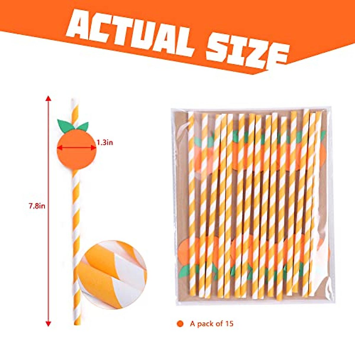 Orange Paper Straws - Biodegradable Disposable Drinking Striped Paper Straws 15 Pieces, Little Cutie Straws, Little Cutie Baby Shower Decorations, Little Cutie Themed Birthday Decorations