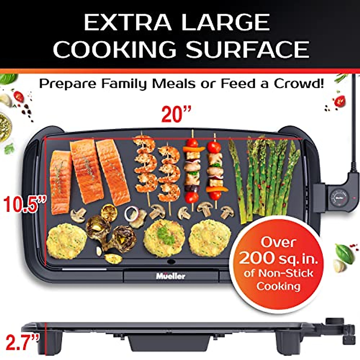 Mueller HealthyBites Eco Nonstick 20 Inch Electric Griddle Teflon-free, 10 Eggs at Once, Cool-Touch Handles and Slide-Out Drip Tray, for Breakfast Pancakes, Burgers, Eggs, Black