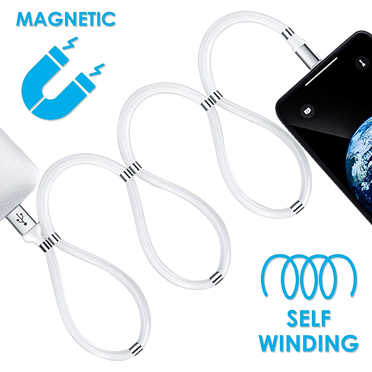 Aduro Magnetic Self Winding Fidget Lightning iPhone Charger Cable MFi Certified Charging Cable Cord For iPhone 12 11 Xs Max XR X 8 Plus 7 Plus 6S 6 Plus SE 2020 5S iPad Pro iPod Airpods 3 Foot (White)