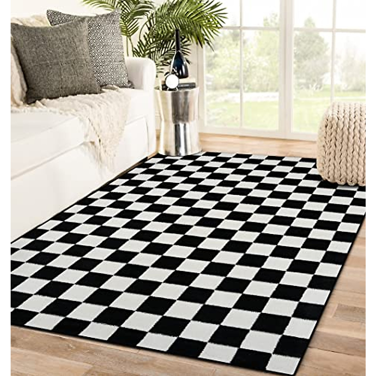 Persian Area Rugs Black 5x7 1909 Checkered White Area Rug Carpet, 5 ft x 7 ft (1909 Black 5x7)