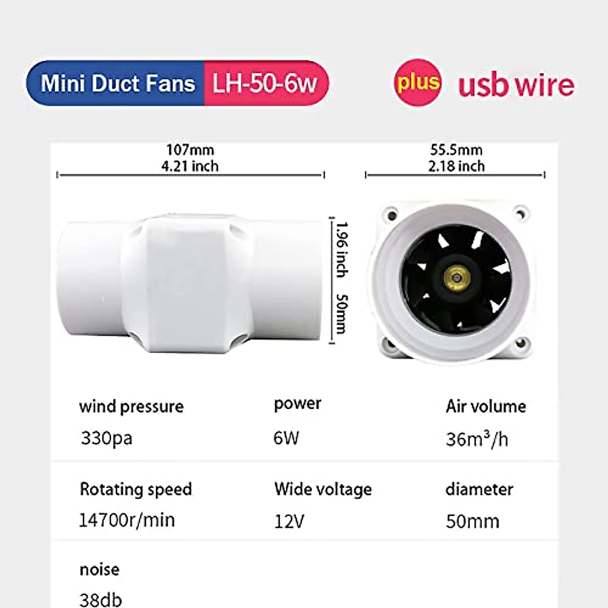 MOLAB Inline Duct Fan, Bathroom Exhaust Fan, 2 Inch Inline Duct Fan with Power Supply, Powerful Exhaust Fan Kitchen 12V 6W Mini Blower for Bathroom Office Hall Hydroponic Kitchen(Color:1)