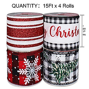 Christmas Ribbon Wired 2.5 Inch x 60Feets (4 Roll x 15Ft),Farmhouse Merry Christmas Red Buffalo Plaid Ribbon with Wire for Wreaths DIY Crafts
