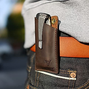 VIPERAED PJ11 Leather EDC Pocket Slip for Folding Knife, Mini Knife/Flashlight/Multitool and Other EDC Gear Leather Holster, Small Leather Utility Knife Sheath for Belt(Brown)