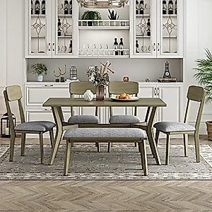 XD Designs Mid-Century 6-Piece Dining Table Set, Wooden Kitchen Dining Table Set, Rectangular Dining Table with Unique Shape Legs, 4 Upholstered Comfort Chairs & 1 Bench (Antique Yellow)