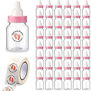48 Pieces 1.5 x 3.5 Inch Baby Shower Mini Milk Bottle with 500 Adhesive Thank You for Showering Stickers, Small Pink Baby Shower Bottle Plastic Fillable Gift Boxes DIY Baby Shower Party Favor