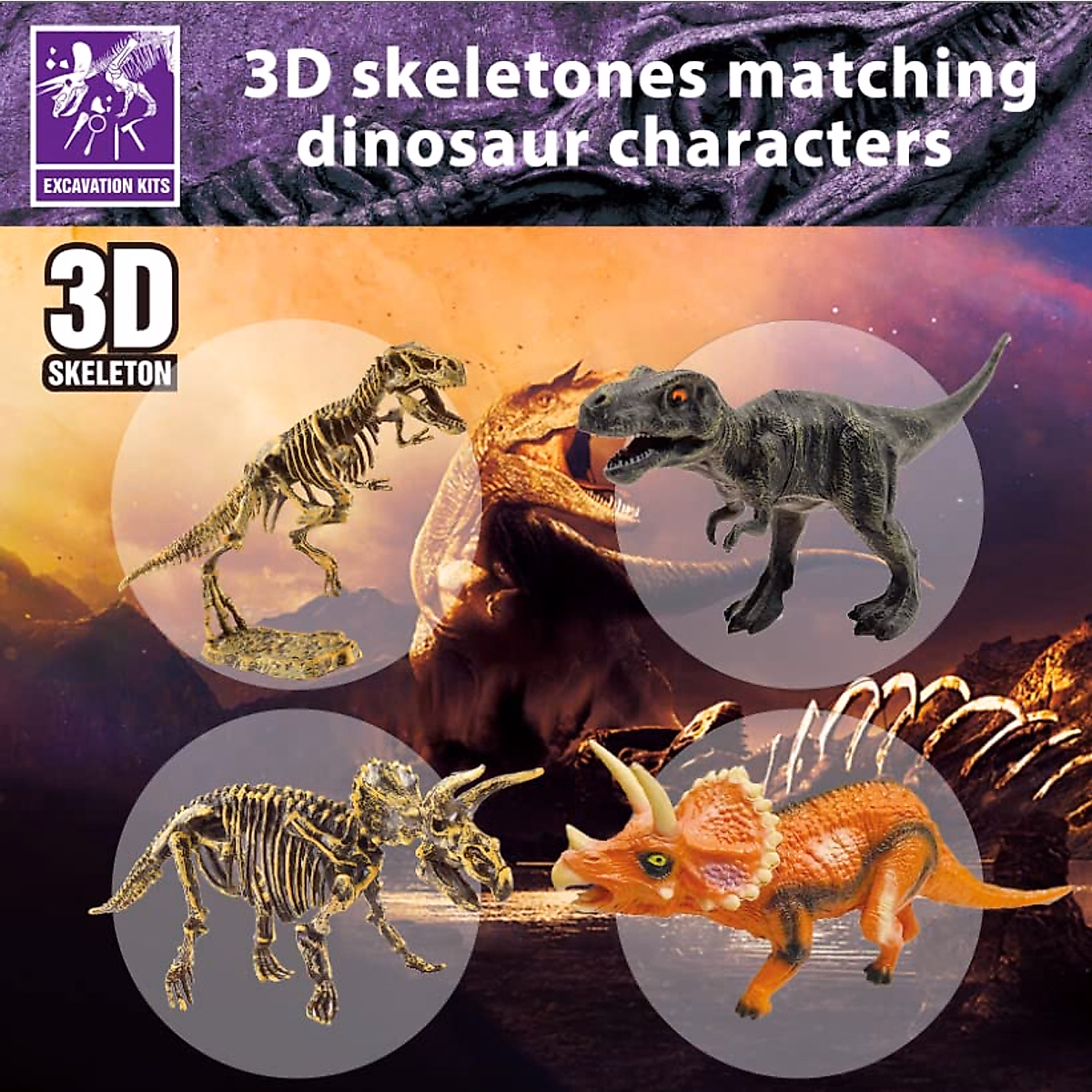 Dinosaur Fossil Dig Kit, Dino Excavation Kits for Kids, Educational Science Kits, Dinosaur Toys for Kids, Dig up 2 3D Skeleton Puzzles and 2 Dinosaur Figures Including T-Rex, Triceratops