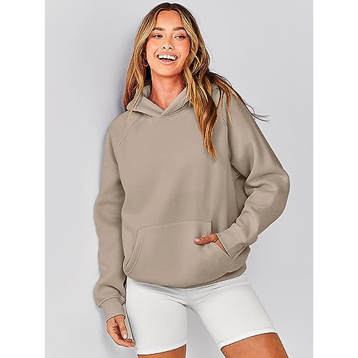 Caracilia Women Solid Basic Loose Hoodie Top Fleece Long Sleeve Pullover Oversized Hooded Sweatshirts with Pocket 2023 Fall Winter Clothes Cute Warm Baggy Sweaters Cozy Outfits 1025shenxing-L Khaki
