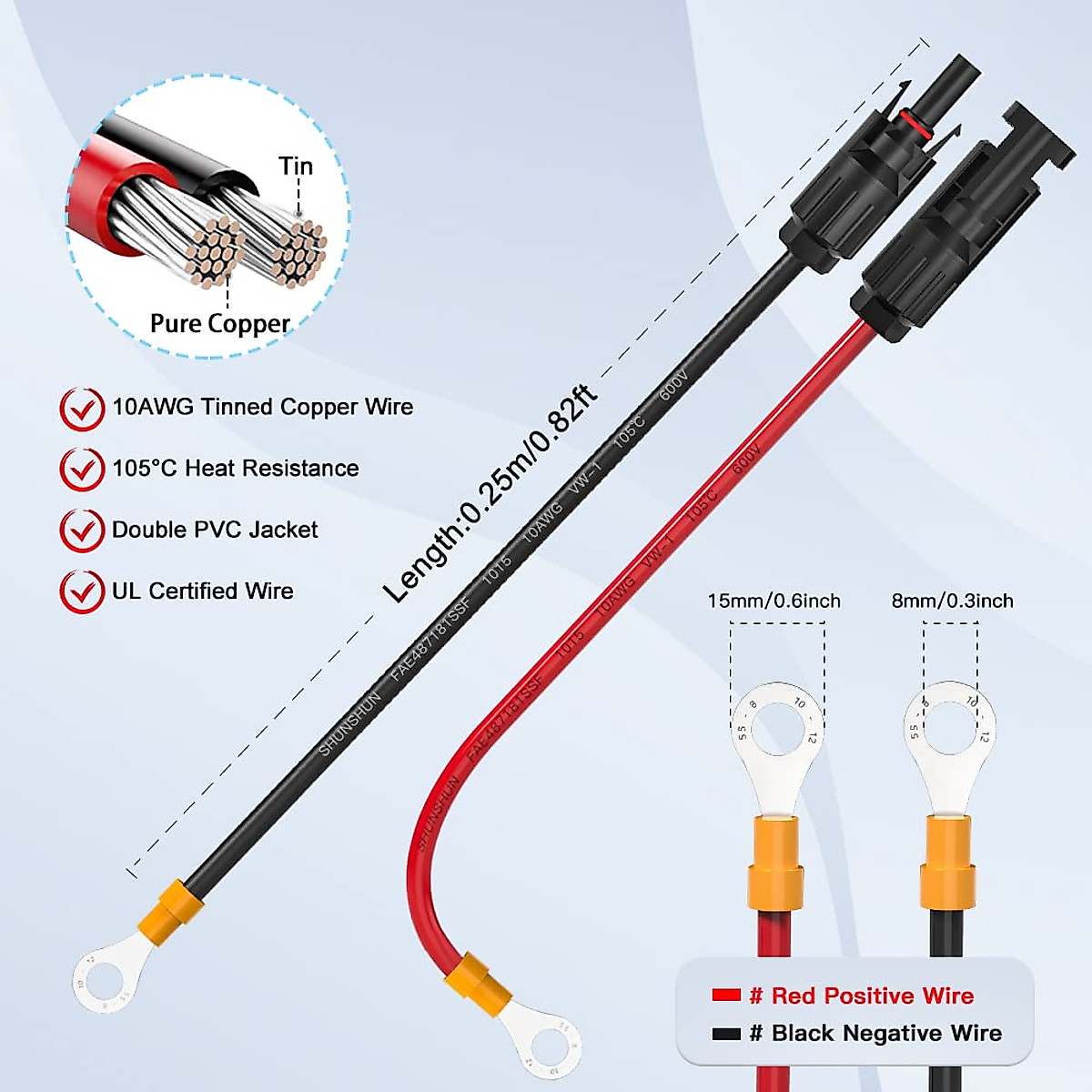 ELECTOP 10AWG Solar Panel Connector Cable, Solar Connecter to O Ring Solar Panel Adaptor Cable with Male and Female Connector for Solar Generator Inverter Battery Pack Charger