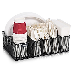 VIKEYHOME Paper Plate Organizer for Countertop, Metal Silverware Caddy with 6 Compartments for Plate, Cup, Napkin, Paper Plate and Utensil Holder Caddy for Party, Camping, Picnic