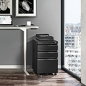 Black File Cabinet, 3 Drawer Mobile File Cabinet with Lock and Wheels, Under Desk Metal Filing Cabinet for Office，Lockable Rolling Cabinet with 2 Keys for Legal/Letter/A4 Size, Fully Assembled （A）
