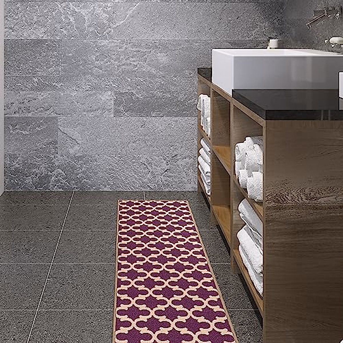 Machine Washable Moroccan Trellis Design Non-Slip Rubberback 2x5 Traditional Indoor Runner Rug for Hallway, Kitchen, Bedroom, Entryway, 20" x 59", Purple