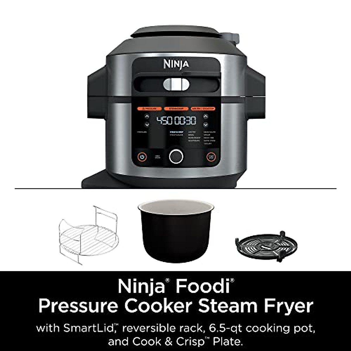Ninja OL500 Foodi 6.5-qt. Pressure Cooker Steam Fryer with SmartLid, 13-in-1 that Air Fries, Bakes & More, with 2-Layer Capacity, Crisp Basket, Silver/Black (Renewed)