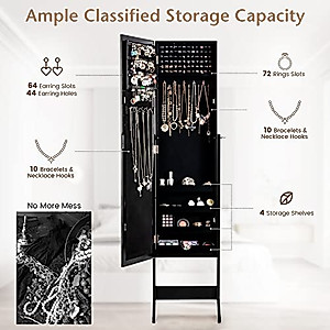 COSTWAY Jewelry Armoire Cabinet, Standing Jewelry Organizer with Full-length Mirror & 3 Adjustable Angles, Large Storage Capacity Jewelry Cabinet for Bedroom, Dressing Room (Black)