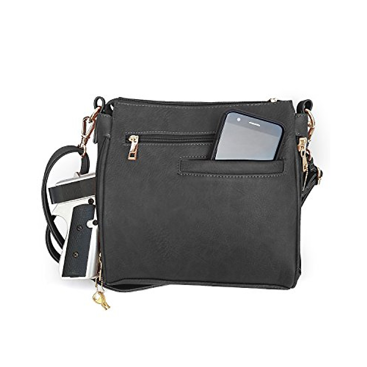 Roma Leathers Concealed Carry Cross Body Handbag - Premium Black Vegan Leather - Adjustable, Detachable, and Wire Reinforced Shoulder Strap - Front Buckle Closure - Dual Gun Entry - Designed in U.S.A