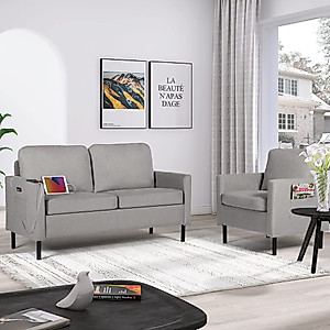 STHOUYN 2 Piece Upholstered Sectional Sofa Set Couches Sofas Living Room Furniture Sets, Loveseat with USB & Accent Chair, Grey Couch Bedroom Livingroom Apartment (2, Light Grey)