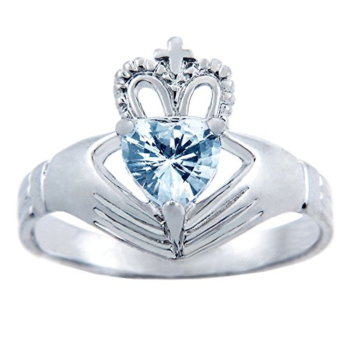 Fine 925 Sterling Silver Solitaire March Birthstone CZ Heart Irish Claddagh Ring (Size 7.75)