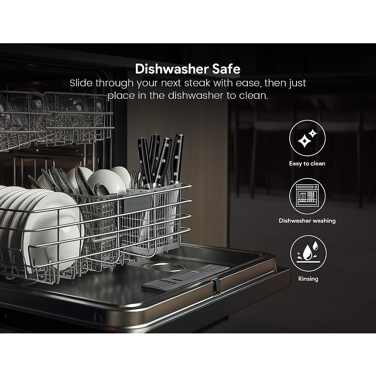 Piklohas Steak Knives Set of 4, 4.5 Inch Non Serrated Dinner Knife, Forged German Steel Damascus Pattern Straight Edge Meat Knife with Full Tang Handle, Dishwasher Safe, Ideal for Gift