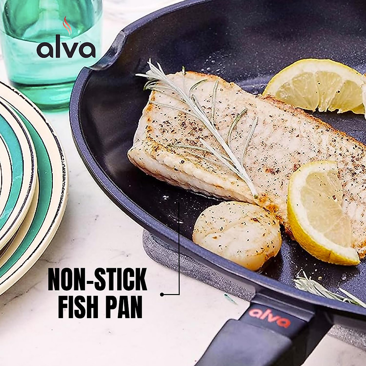 ALVA Energy Non Stick Fish Pan 13.4" Skillet, Oval Shaped Non Stick Frying Pan with Pour Spouts, Cast Aluminium Nonstick Fry Pan for Stove Top, Induction Compatible Cookware