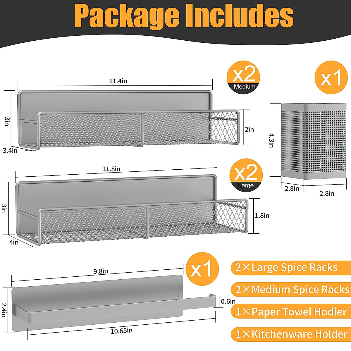 DTUQYX Magnetic Spice Rack for Refrigerator, 6 Pack Metal Magnetic Shelf Grey, Moveable Spice Organizer, Strong Magnetic Storage Fridge Organizer with Paper Towel Holder, Utensils Holder