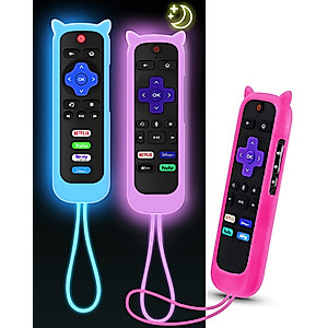 3Pcs ONEBOM Roku Remote Cover with Cat Ears Design, Silicone Skin Case Fit with Hisense/TCL Roku TV, Steaming Stick/Express, Universal Replacement Controller, Glow in The Dark,Green/Purple/RoseRed