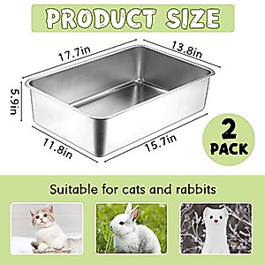 BNOSDM 2 Pack Stainless Steel Litter Box Smooth Litter Pan for Cats and Rabbits Metal Cat Litter Box High Sided, Non Stick, Easy to Clean, 17.7" L X 13.8" W X 5.9" H