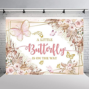 Wollmix Butterfly Baby Shower Decoration for Girl Backdrop 7x5ft A Little Butterfly is on The Way Boho Pink Florals Flowers Photography Background Gold Dost Princess Banner Photo Booth Supplies Props