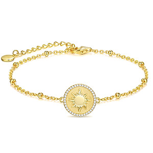 CDE Sun Bracelets for Women 925 Sterling Silver Adjustable 14K Gold Plated Charm Link Bracelet, Birthday Anniversary Christmas Jewelry Gifts for Women Wife Girlfriend Her Daughter