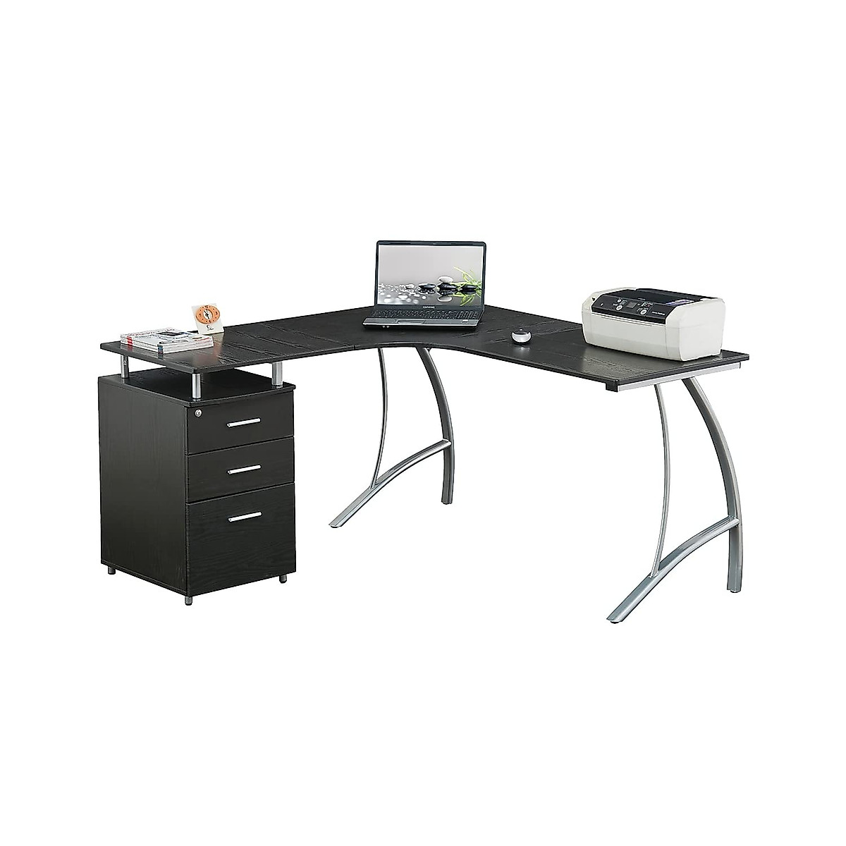 Techni Mobili Modern L Shaped Computer Desk with File Cabinet and Storage, Workstation Table with MDF Panels and PVC Laminate Veneer Surface, Espresso