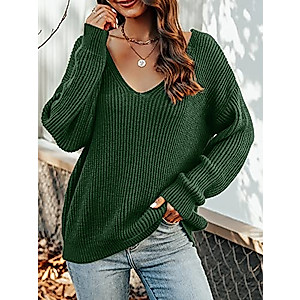 CUPSHE Women's Casual V Neck Sweater Fall Knit Oversize Fitted Pullover with Long Sleeves, Green S