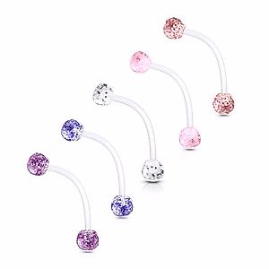 Forbidden Body Jewelry 1" 14G Flexible Bioflex Pregnancy Belly Ring with 6mm Glitter Balls, 5pc Clear/Blue/Pink/Purple/Red