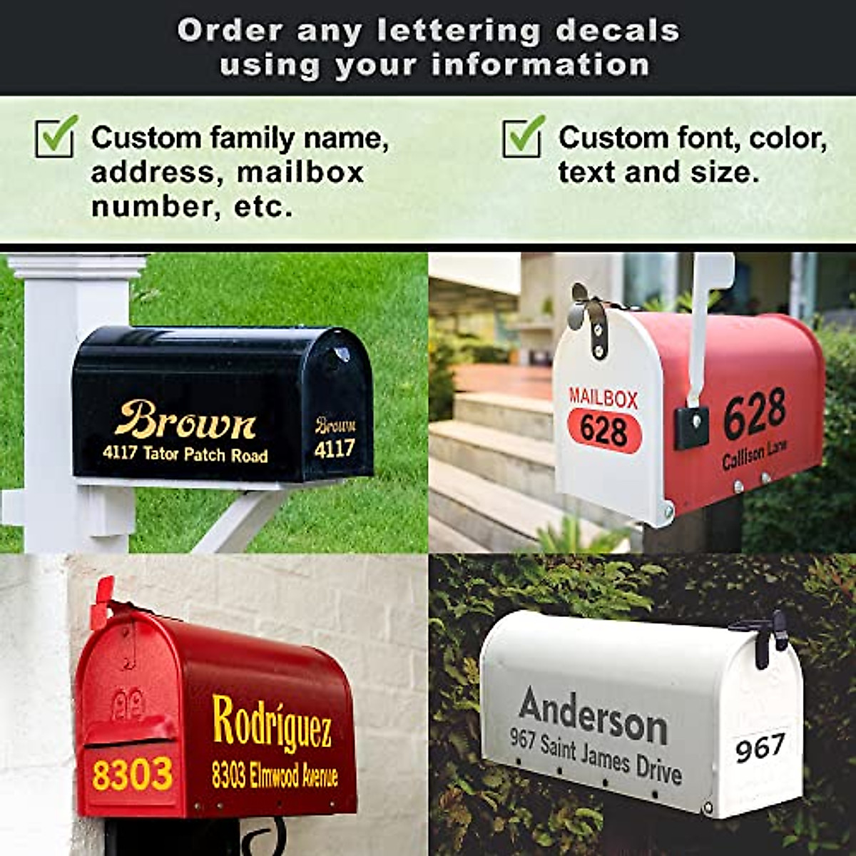 Set of 3 - Front & Sides - Custom Mailbox Vinyl Decal Sticker Personalized Mailbox Numbers, Surname & Address - Many Colors & Sizes - Postbox Decal for Home Custom Lettering (Matte White)