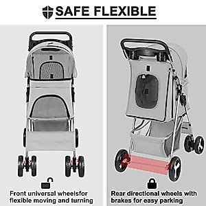 Wedyvko Pet Dog Stroller, 4 Wheel Foldable Cat Dog Stroller with Storage Basket, Handle 360° Front Wheel Rear Wheel with Brake for Small Medium Dogs & Cats (Gray)