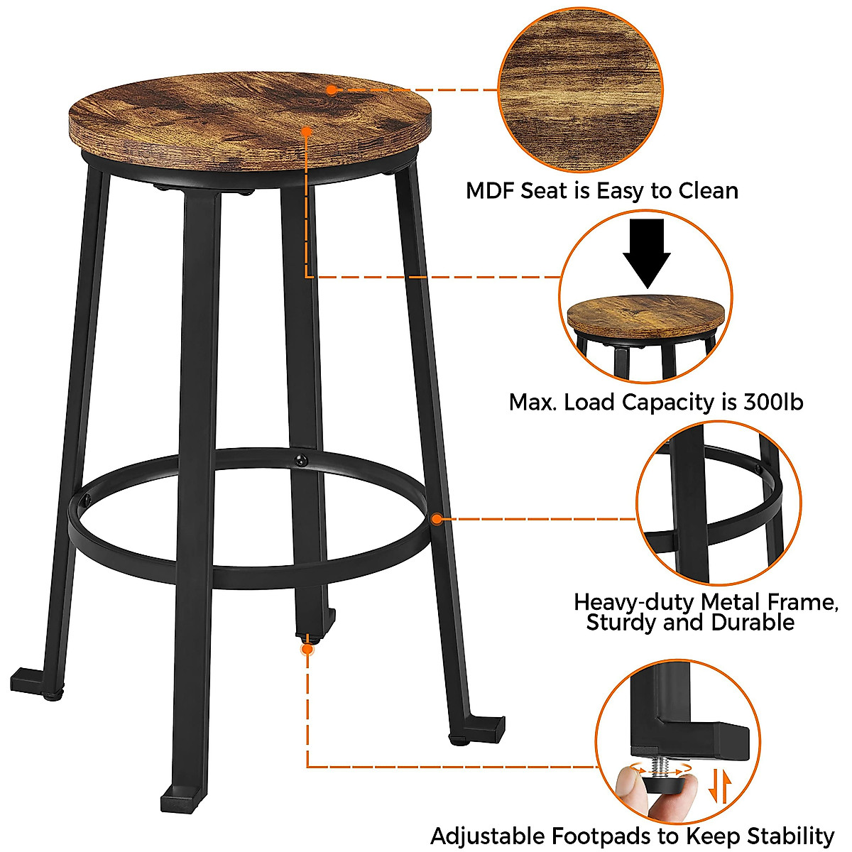Yaheetech 24 inch Bar Stools Set of 2 Counter Height Stools Industrial Tall Bar Chair Round Backless Counter Stools with Metal Legs & Footrest for Dining Room/Living Room/Kitchen Counter Rustic Brown