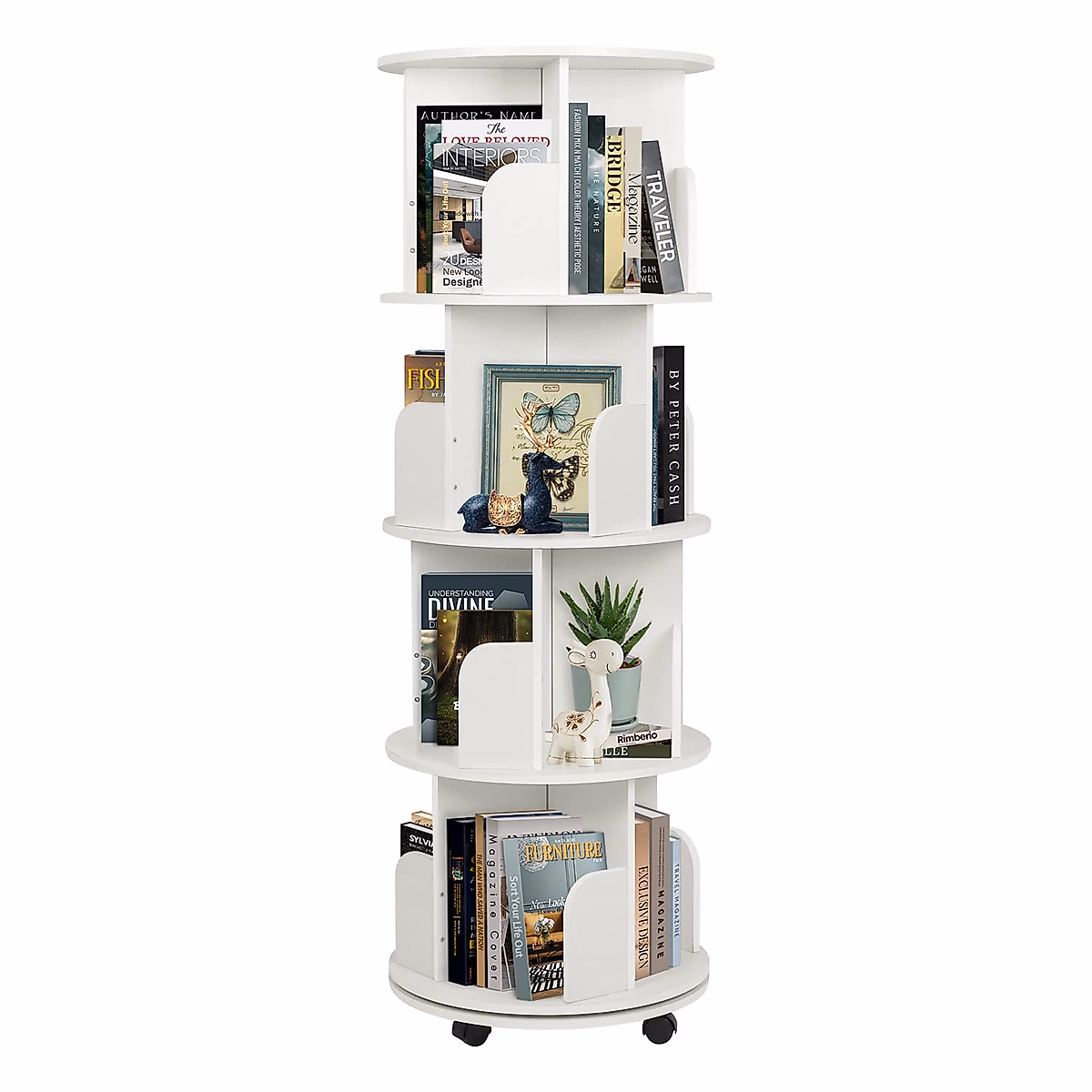 usego 4 Tier Rotating Bookshelf with Wheel Wood 360° Floor Standing Bookcase Display Storage Rack Multi-Functional Bookshelf Organizer for Home Office Living Room Study