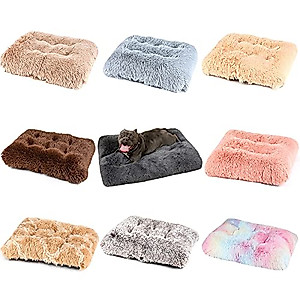 LINGYANMM Long Plush Dog Bed Square Dog Mat Pet Cushion Blanket Soft Fleece Cat Cushion Puppy Chihuahua Sofa Mat Pad for Small Large Dogs (Color : Khaki, Size : S 65x48cm)