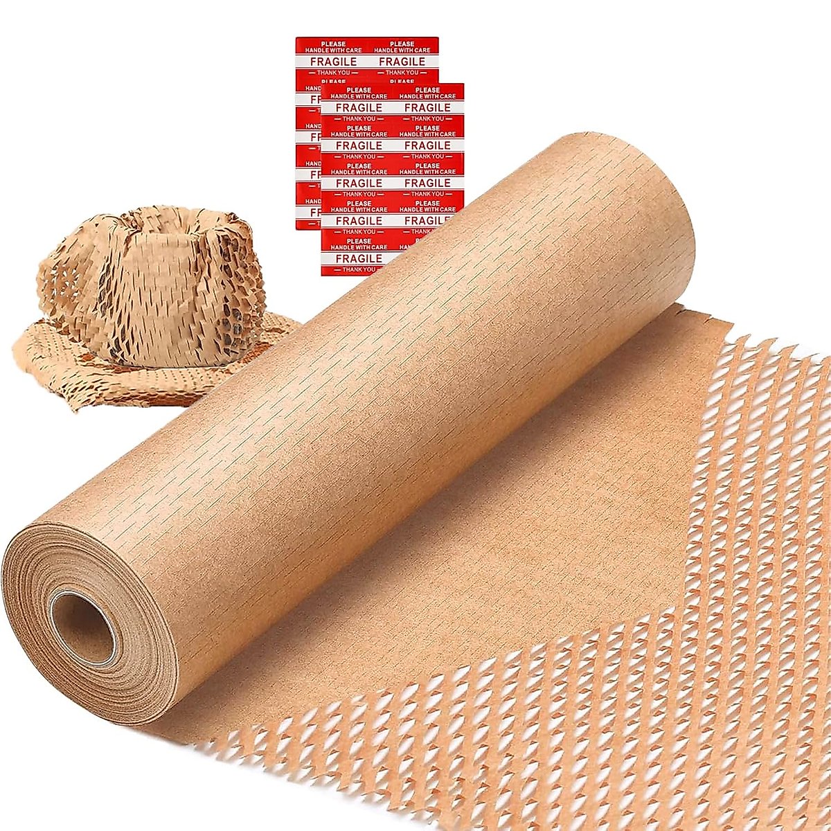 Besitek Honeycomb Packing Paper Wrap 15" x200' Sustainable Alternative to Bubble Cushioning Wrap for Moving/shipping/packing Roll with 20 Fragile Sticker Biodegradable & Fully Recylable