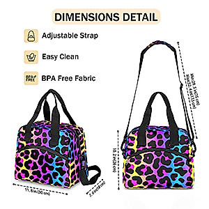 Leopard Raibow Fashion Insulated Lunch Bag Cheetah Colorful Skin Lunch Box for Women Girl with Shoulder Strap Tote Bag Reusable Large Containers Meal Prep for School Work Picnic Thermal Cooler Bag